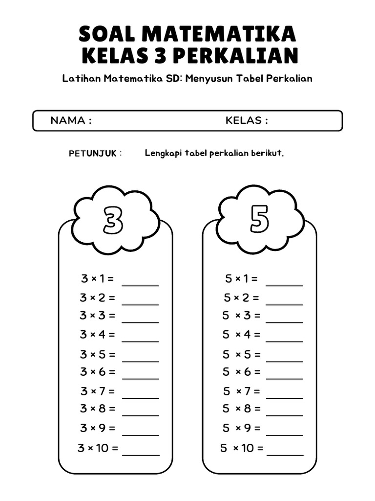 Lembar Kerja Anak Sekolah SD Kelas 3 Menyusun Tabel Perkalian Putih ...
