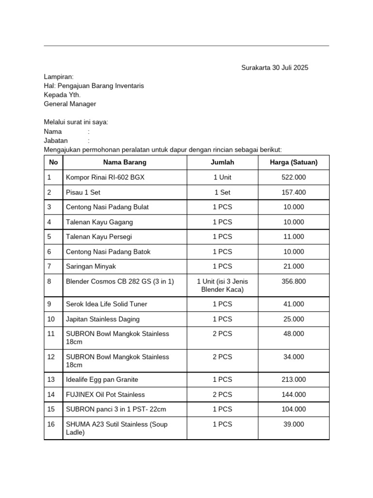 Surat Pengajuan Barang Inventaris Kantor | PDF