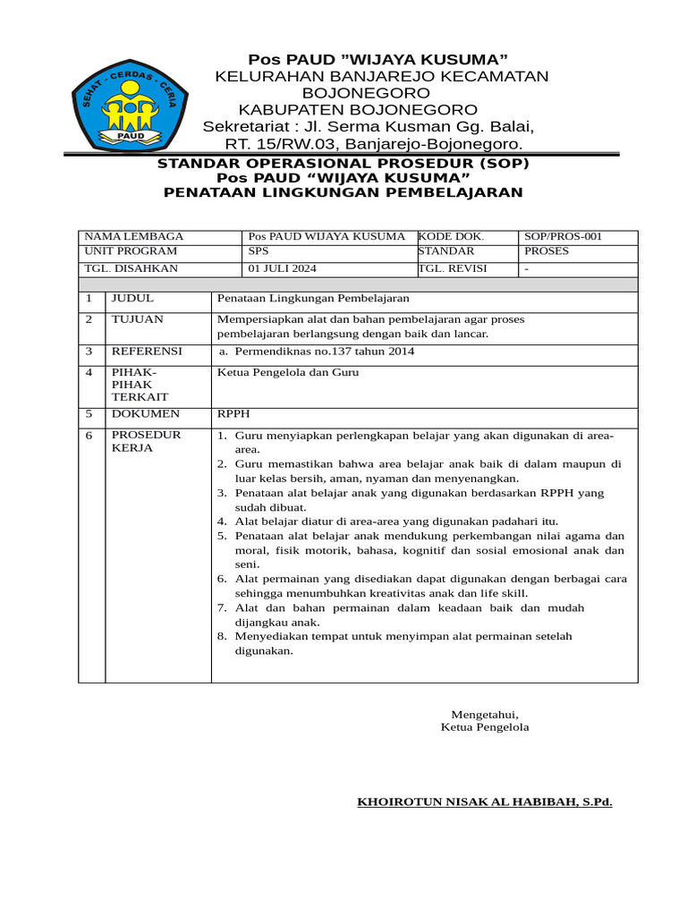 Sop Penataan Lingkungan Belajar Pos Paud Wijaya Kusuma | PDF