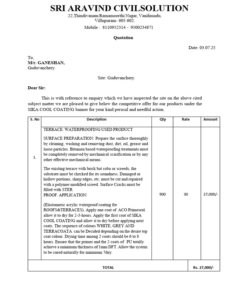 Sri Aravind Civil Solutions Terrace | PDF | Coating | Secondary Sector Of The Economy
