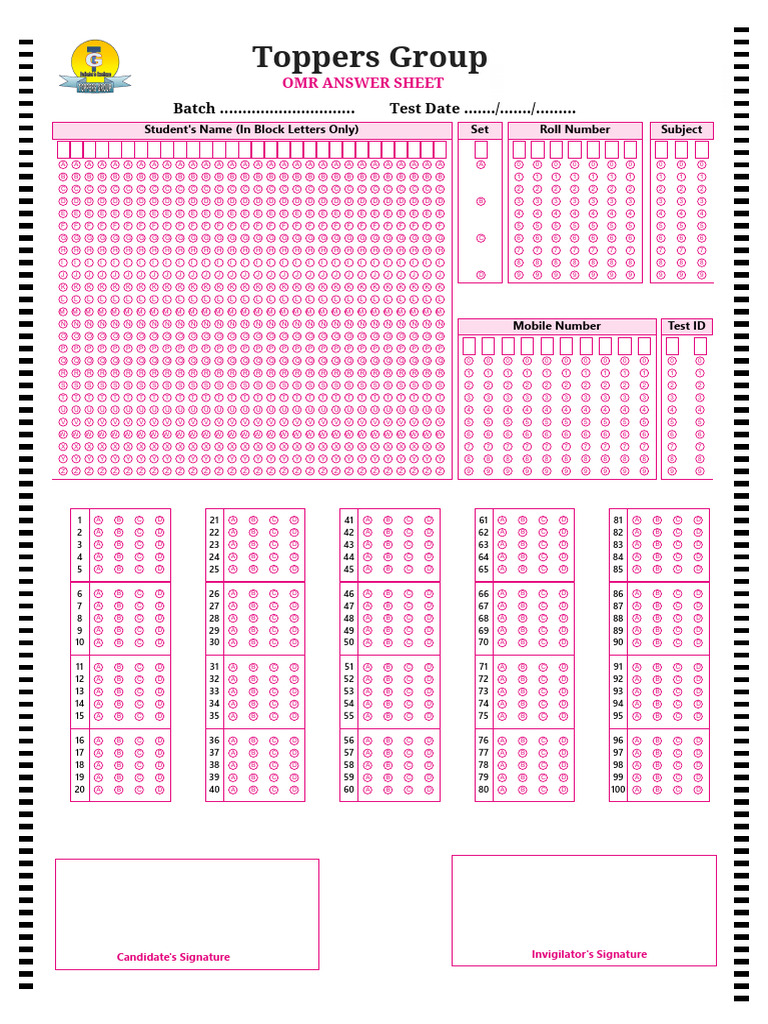 Toppers Group Omr Sheet For 100 Questions | PDF | Optical Character ...