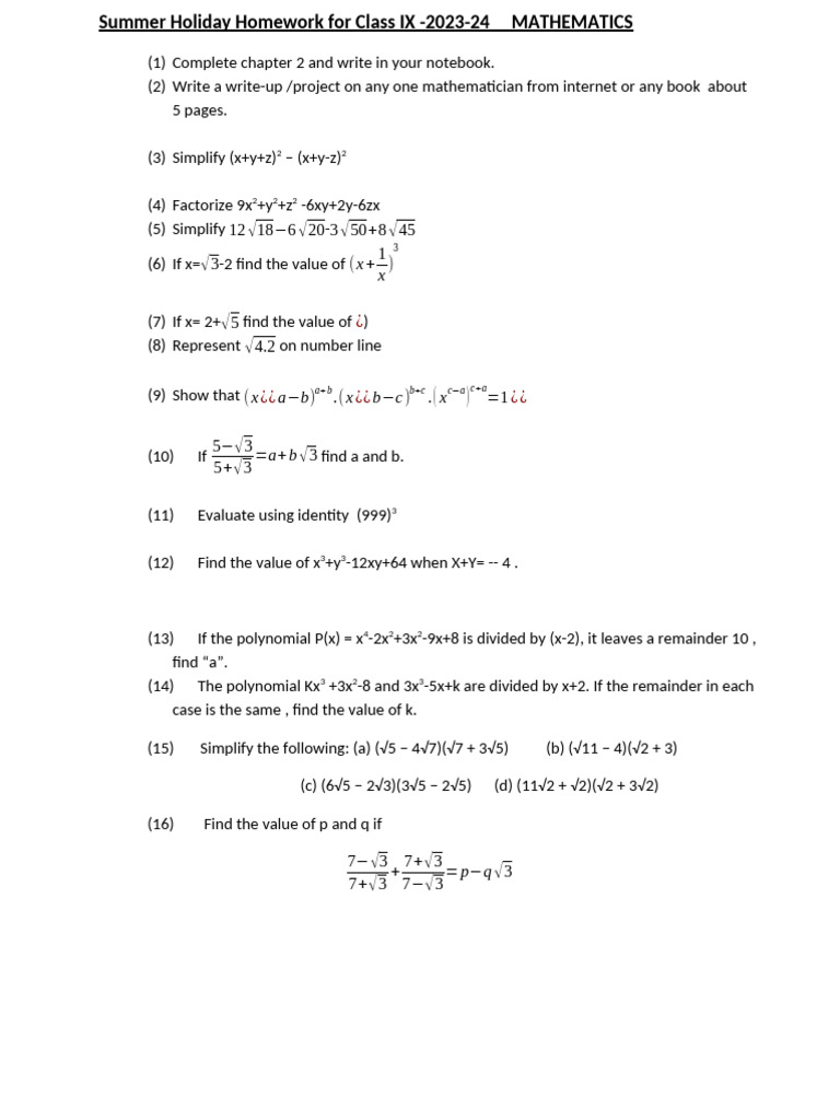 Class IX Summer Math Homework 2023-24 | PDF | Numbers | Square Root