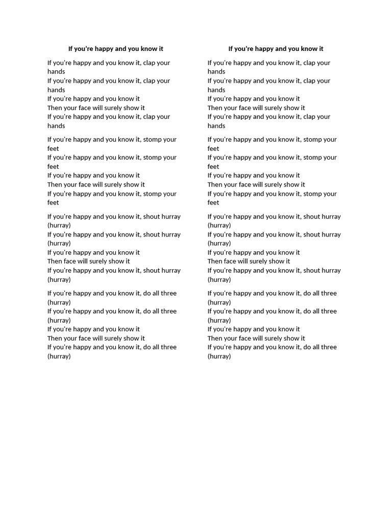 Lyrics to "If You're Happy" Song | PDF | American Children's ...