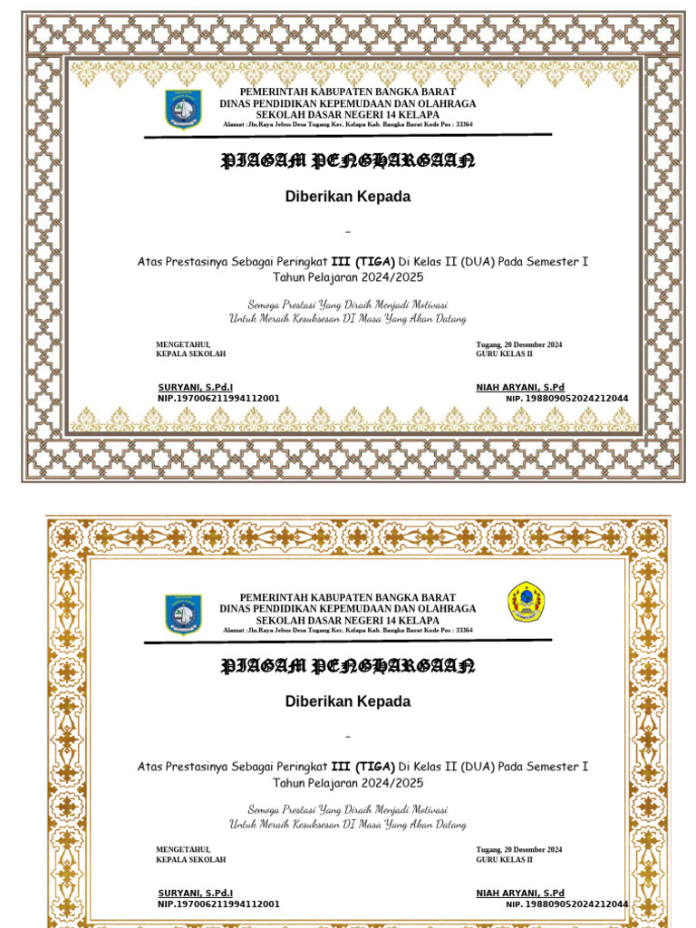 Template Piagam Kelas SDN 14 KLP | PDF
