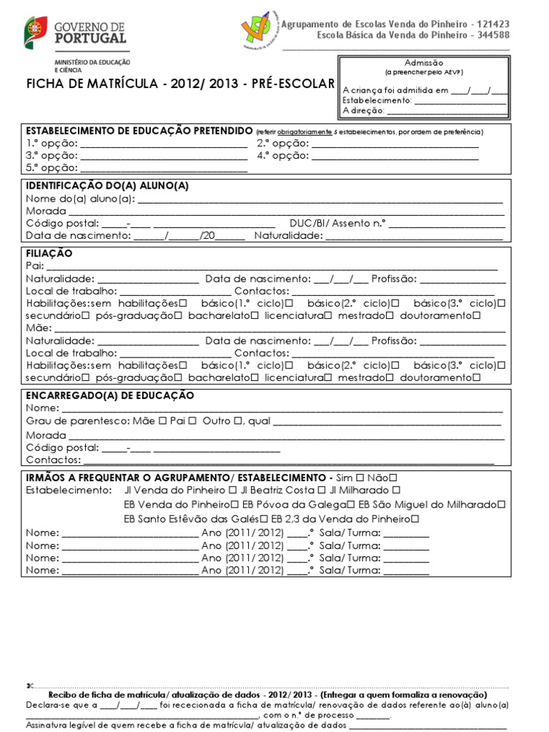 Ficha de Matricula Pre Escolar | Pré-escola | Instituições Educacionais