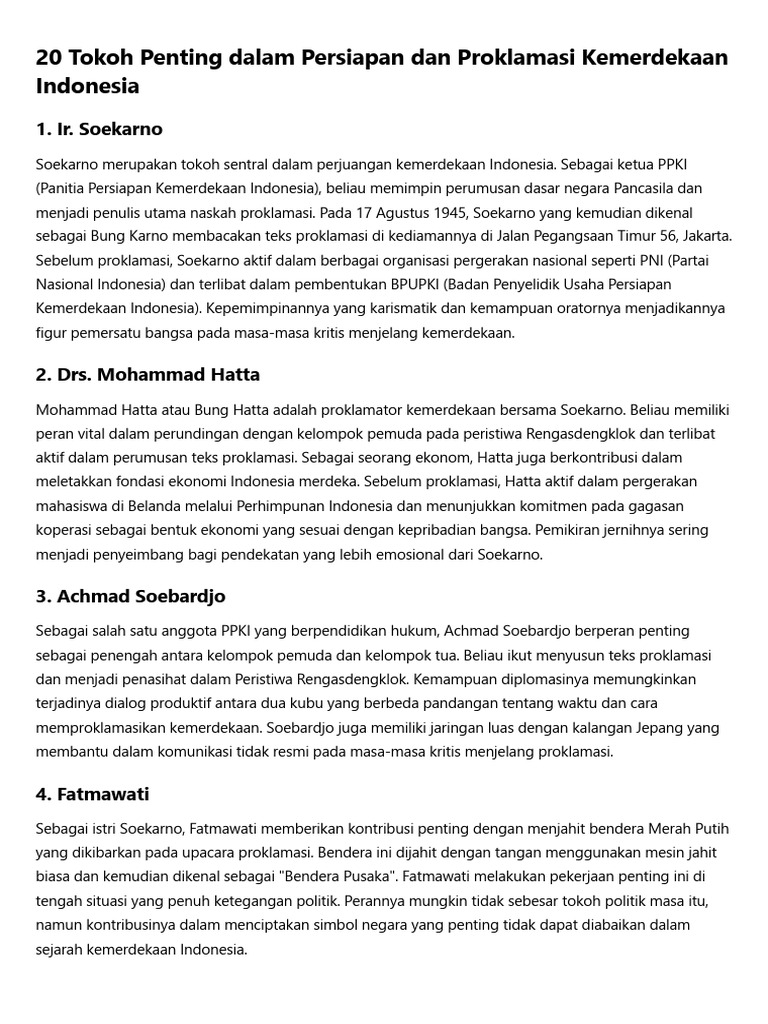 20 Tokoh Penting Dalam Persiapan Dan Proklamasi Kemerdekaan Indonesia | PDF