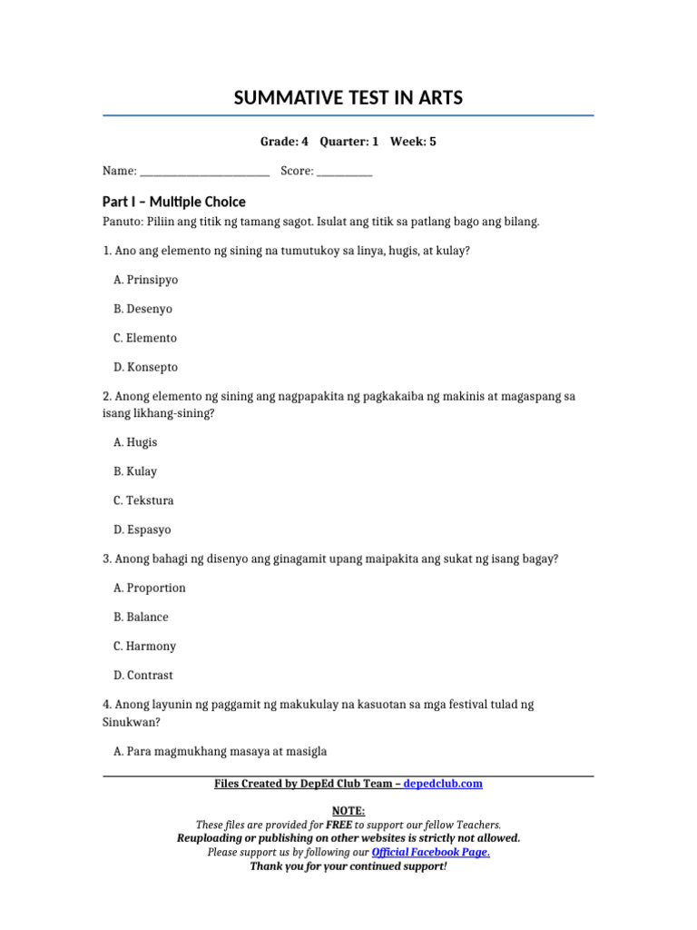 Summ - Test Arts 4 q1 w5 | PDF