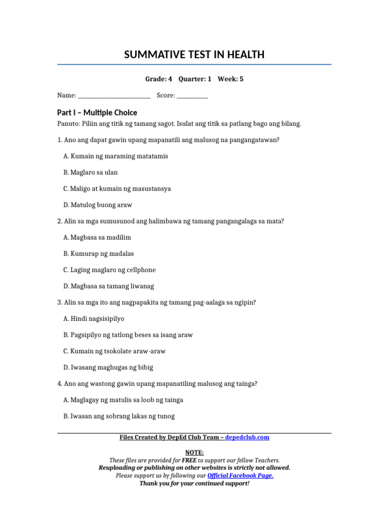 Summ - Test Health 4 q1 w5 | PDF