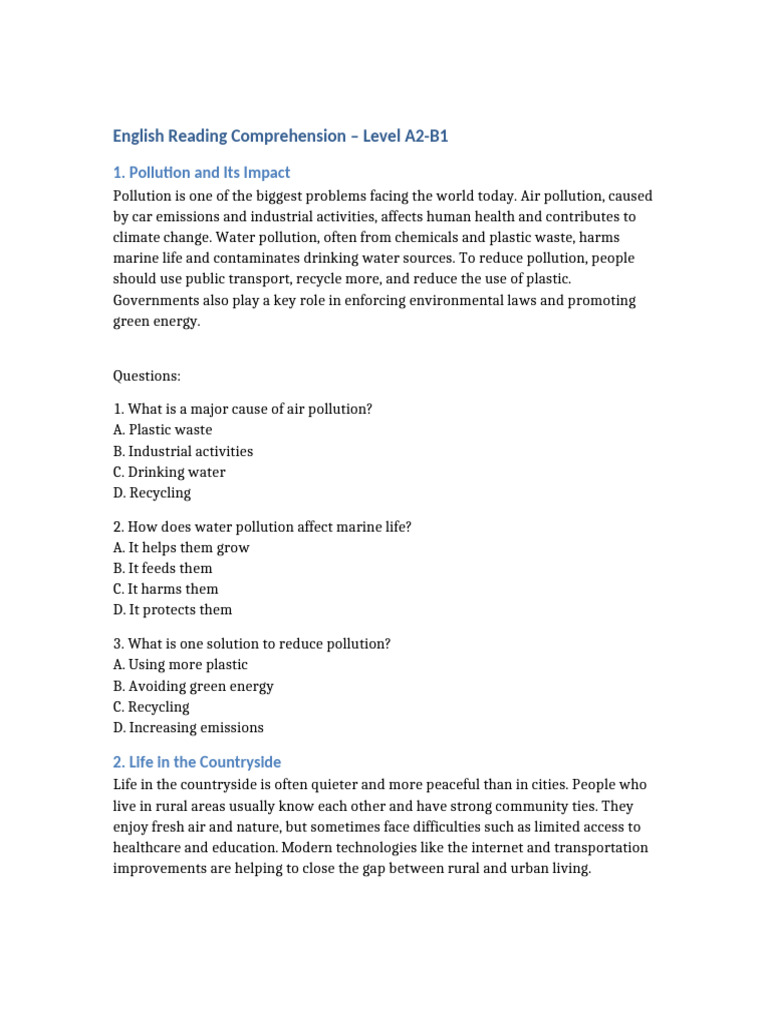 Reading Comprehension A2 B1 Sample | PDF