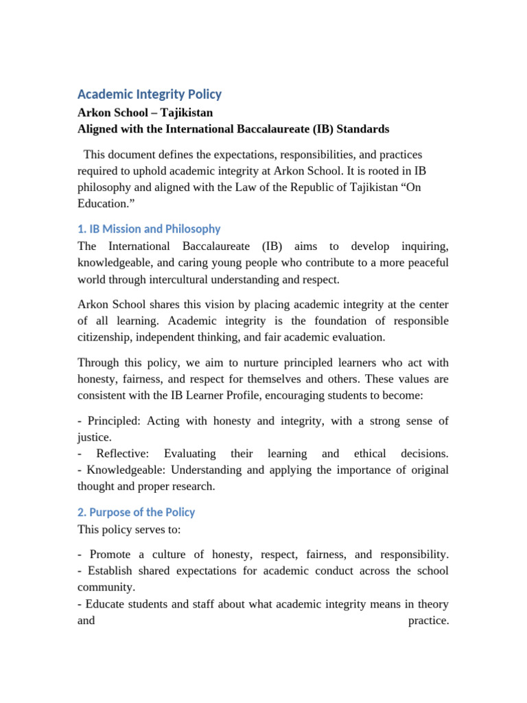 Academic Integrity Policy Arkon IB | PDF | Academic Integrity | Academic Dishonesty