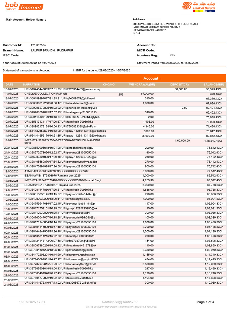 Statement Bob 724627713-OpTransactionHistoryUX16-07-2025-1 PDF | PDF ...