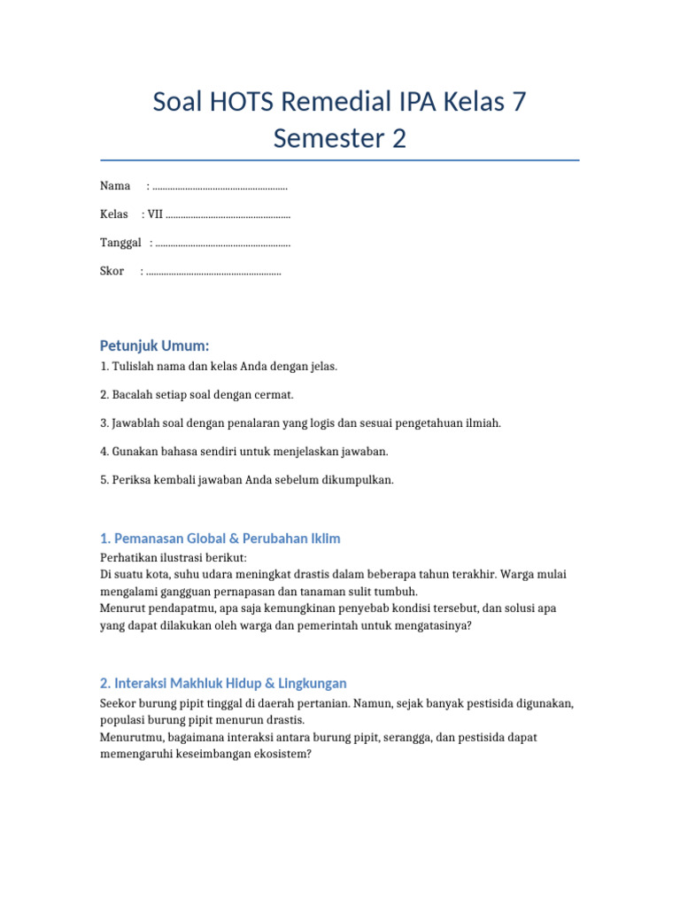 Soal HOTS Remedial IPA Kelas 7 Semester 2 | PDF