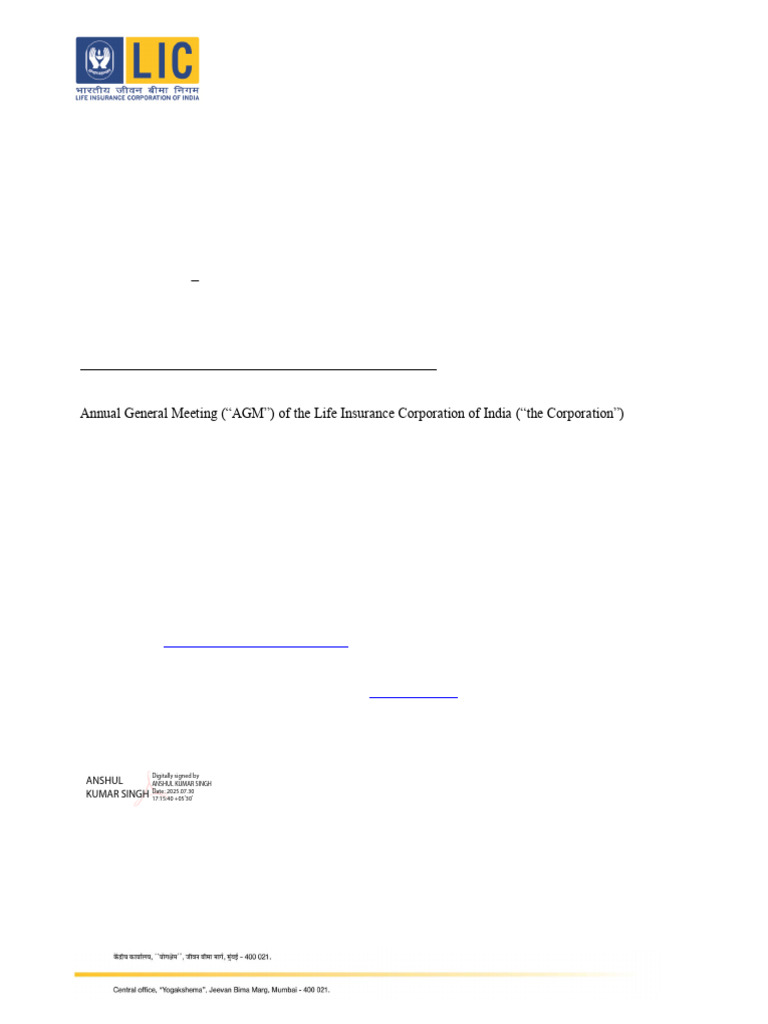 Scrip Code: BSE - 543526 Scrip Code: NSE - LICI: Anshul Kumar Singh ...