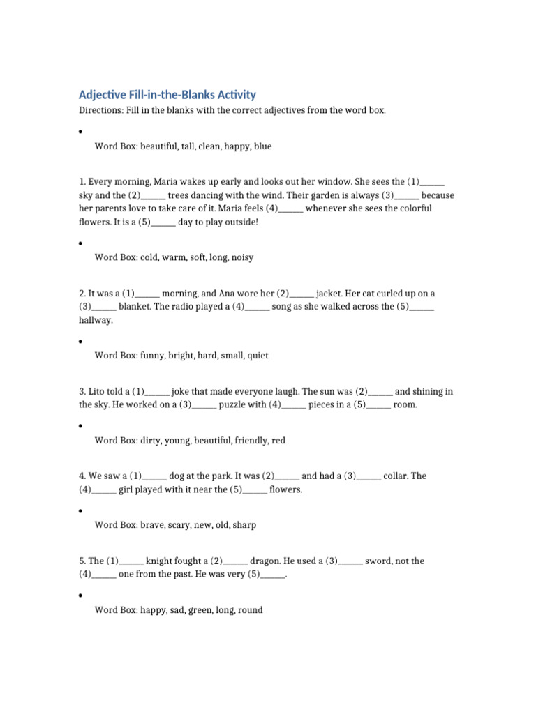 Adjective Fill in The Blanks Grade4 | PDF