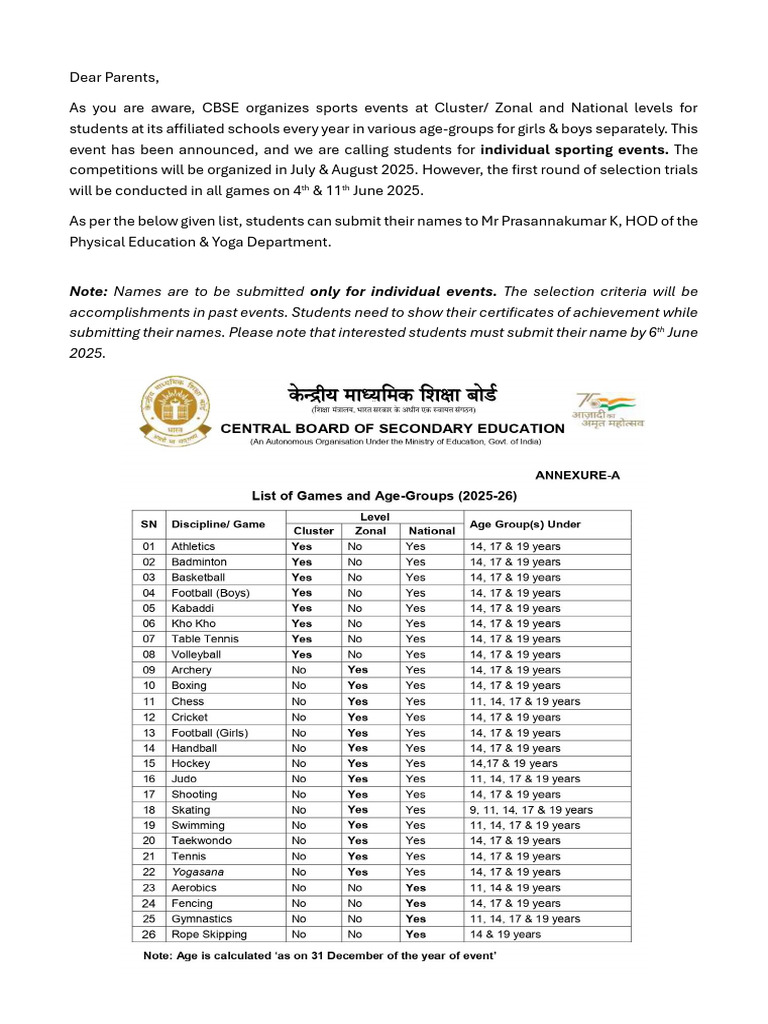 CBSE Sports Selection Trials 2025 | PDF