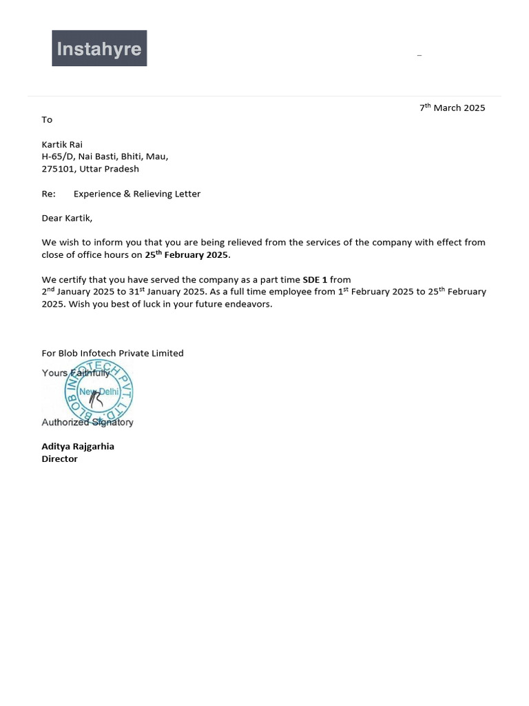 Exp & Rel Letter - Instahyre | PDF