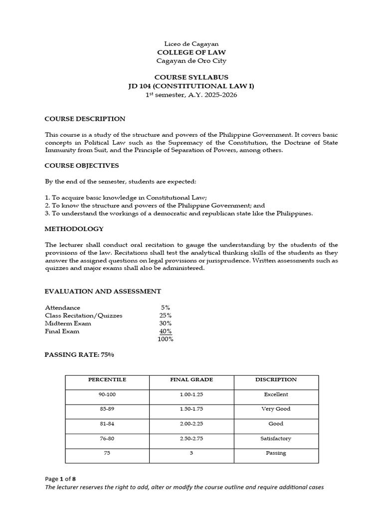 Constitutional Law I Course Syllabus | PDF | Commission On Elections ...