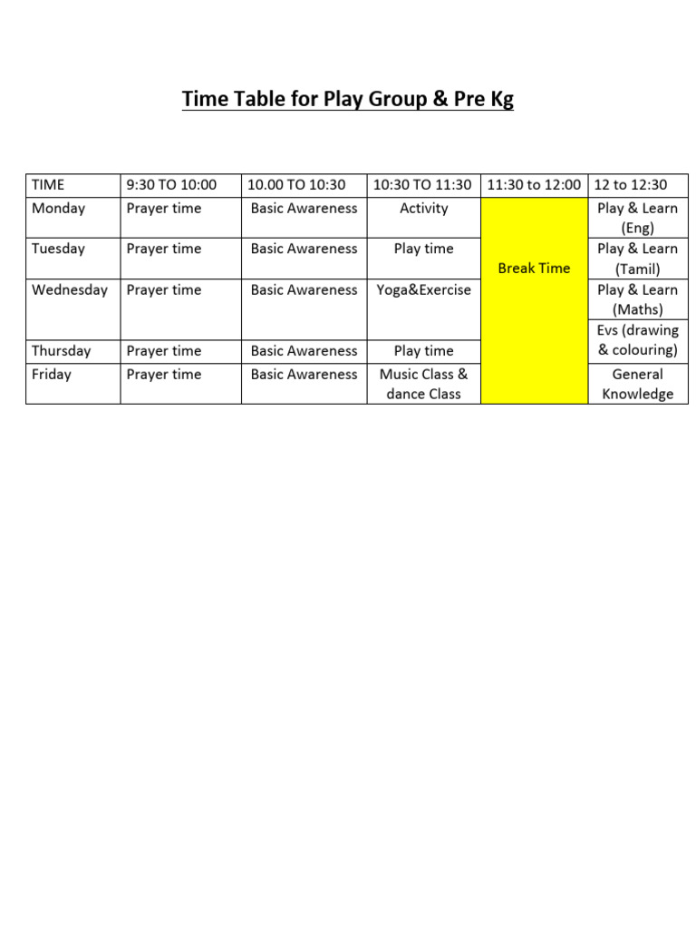 TIME Table Pre KG | PDF