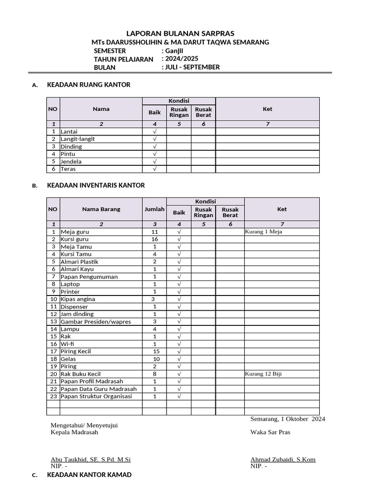 Laporan Bulanan Sarpras | PDF