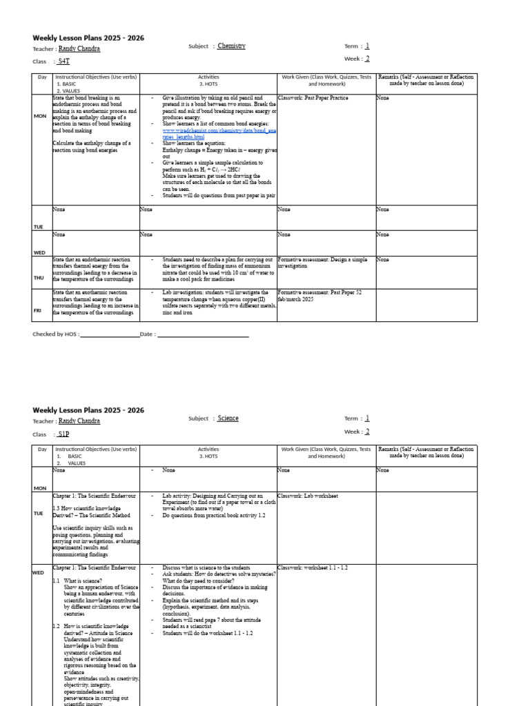 Weekly Plan (Week 2) | PDF | Chemical Reactions | Enthalpy