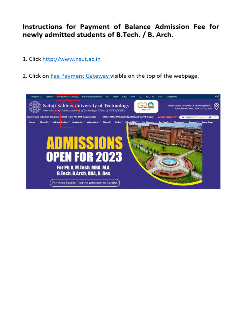 NSUT Balance Admission Fee Payment Guide | PDF | Payments | Banks