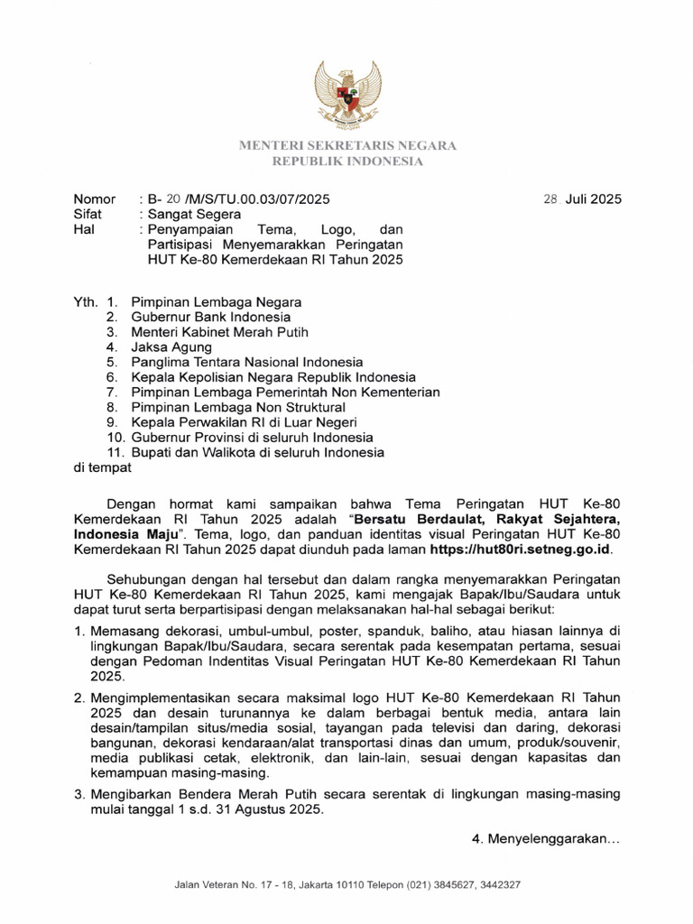 Surat Edaran Menteri Sekretaris Negara Nomor B-20/M/S/TU.00.03/07/2025 | PDF
