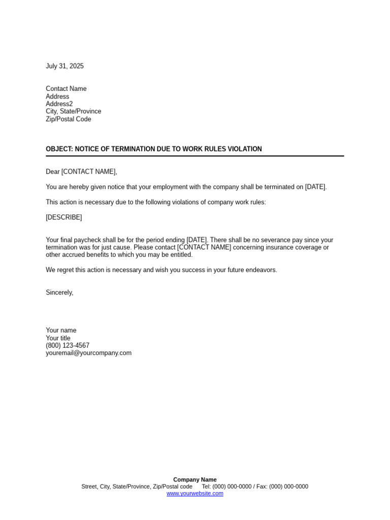 Termination Notice for Work Rule Violation | PDF
