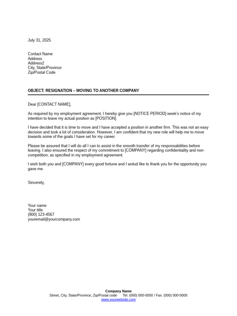 Resignation Letter - Moving To Another Company | PDF
