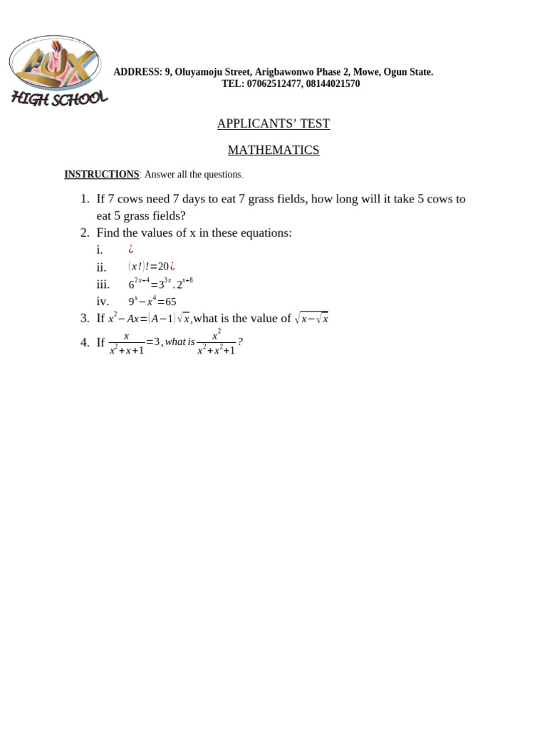 Grade 11 Mathematics Test Questions | PDF