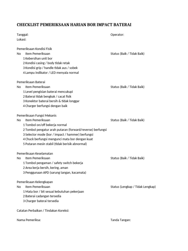 Checklist Bor Impact Baterai | PDF