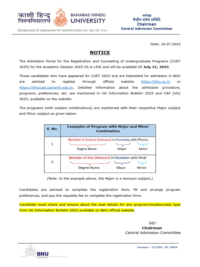 BHU UG Admission Portal Open till July 31 | PDF