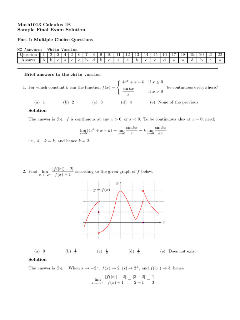 Math1013 Sample Final Ans | PDF | Asymptote | Mathematical Objects