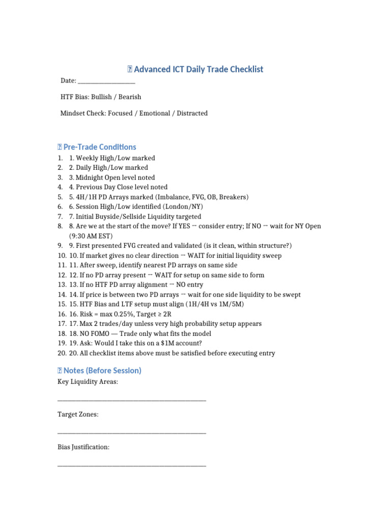 Advanced ICT Trading Checklist | PDF