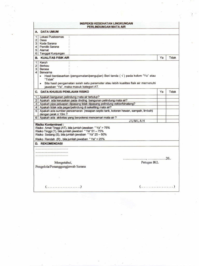 Form Dinkes Inspeksi Kesehatan Lingkungan | PDF