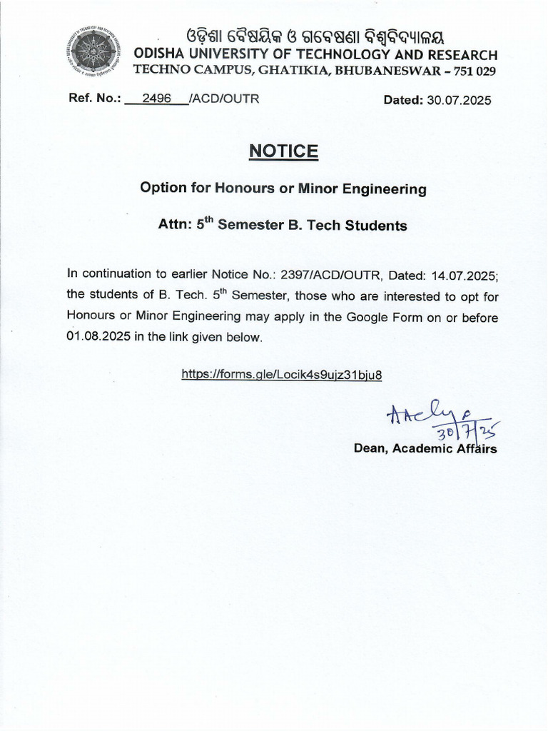 Notice Option Honours Minor Engineering | PDF