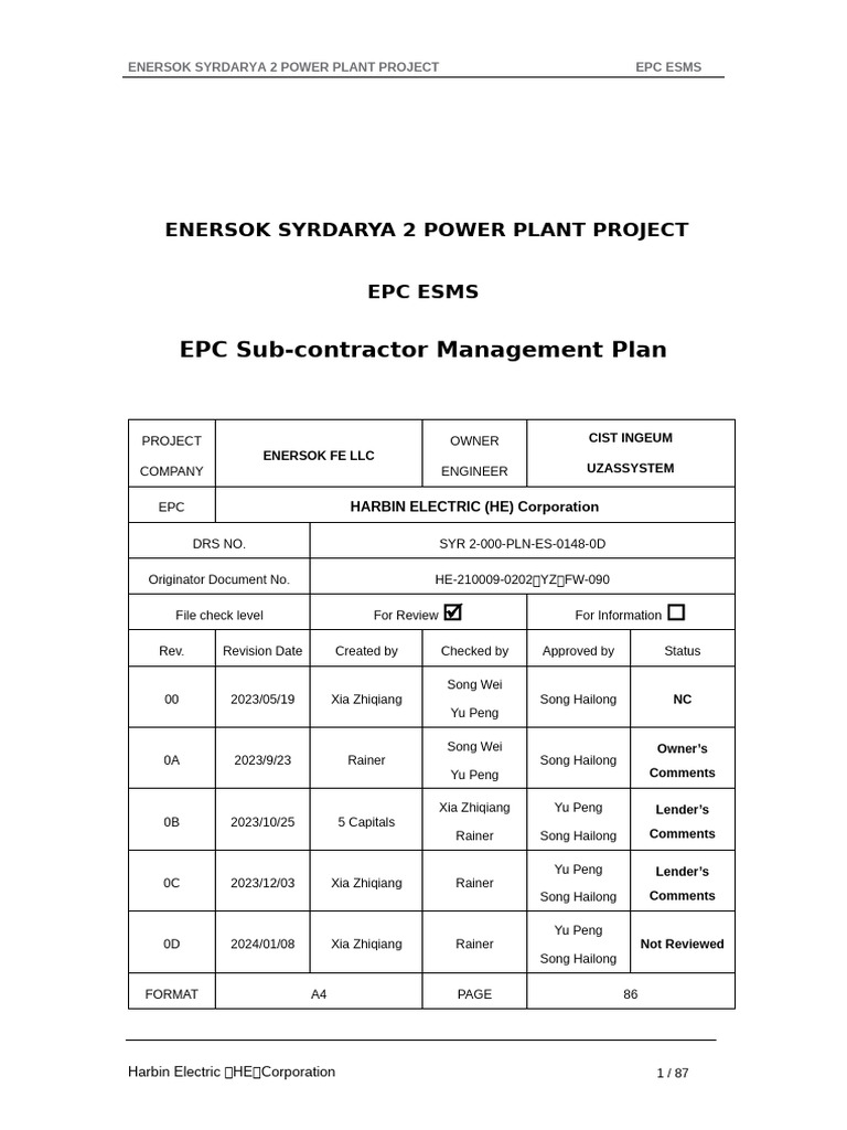 49-SYR2 000 PLN ES 0148 0D Subcontractor Management Plan | PDF | Subcontractor | Environmental ...