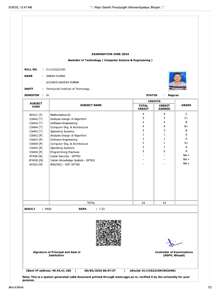 4th Sem Marksheet | PDF