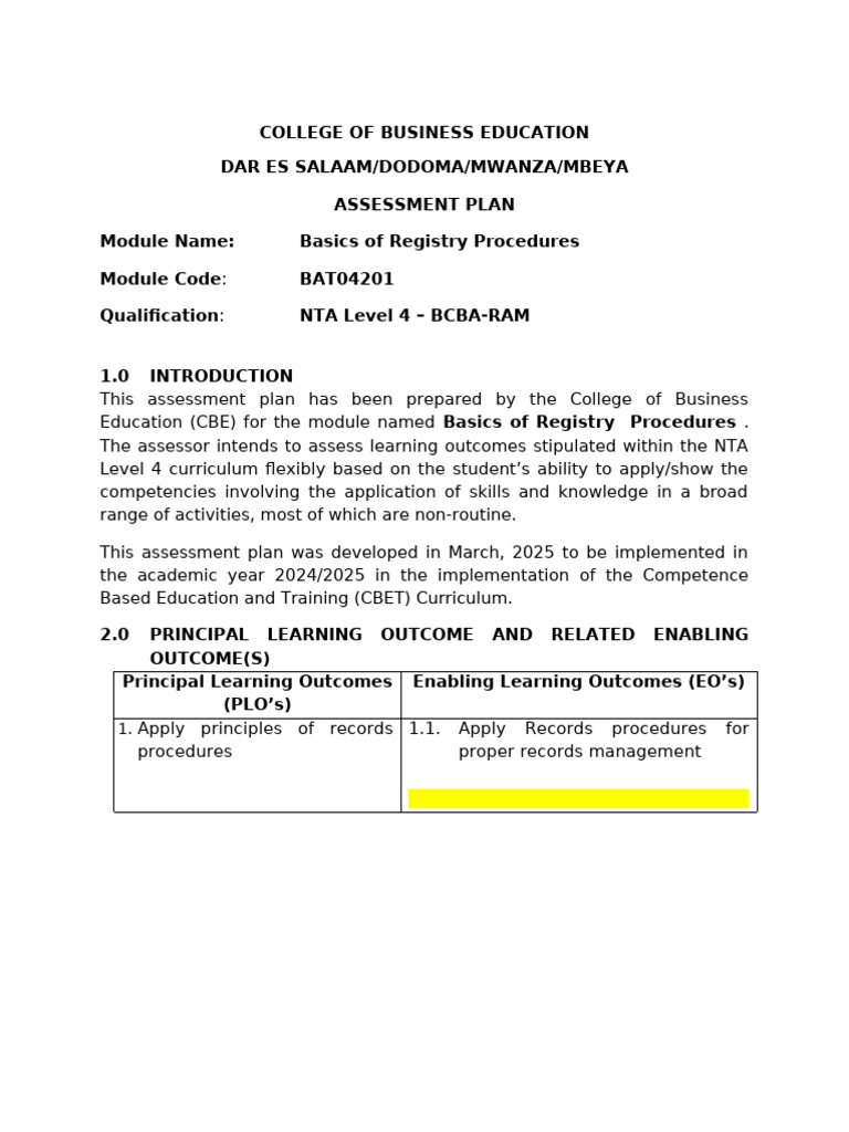 Registry Assessment Plan | PDF | Curriculum | Intelligence