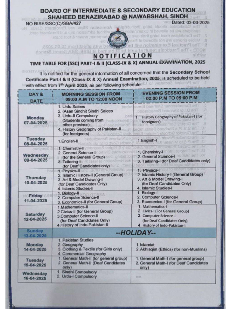 Bise Sba SSC Part I II Datesheet 2025 | PDF