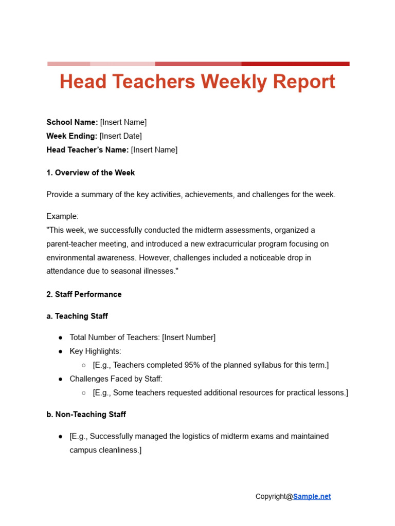 Weekly Report for Head Teacher | PDF | Teachers