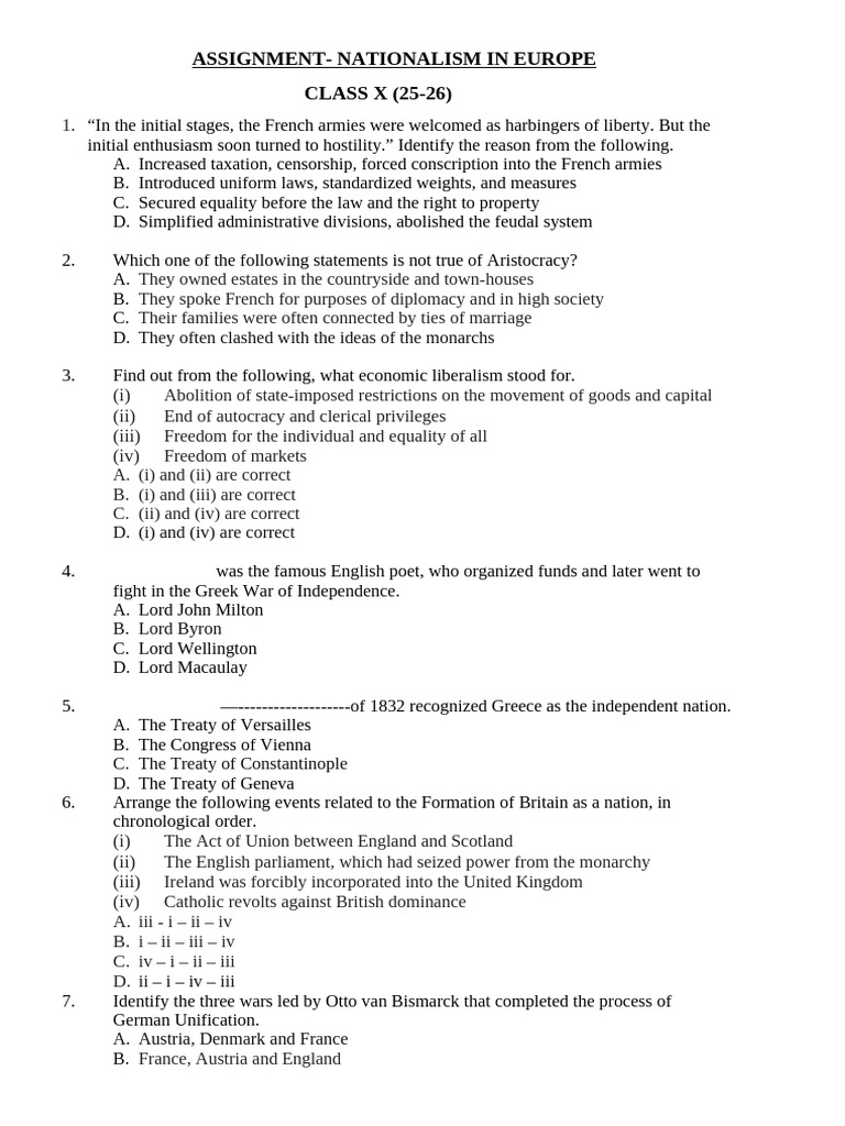 Nationalism in Europe: Class X Assignment | PDF | Nationalism ...