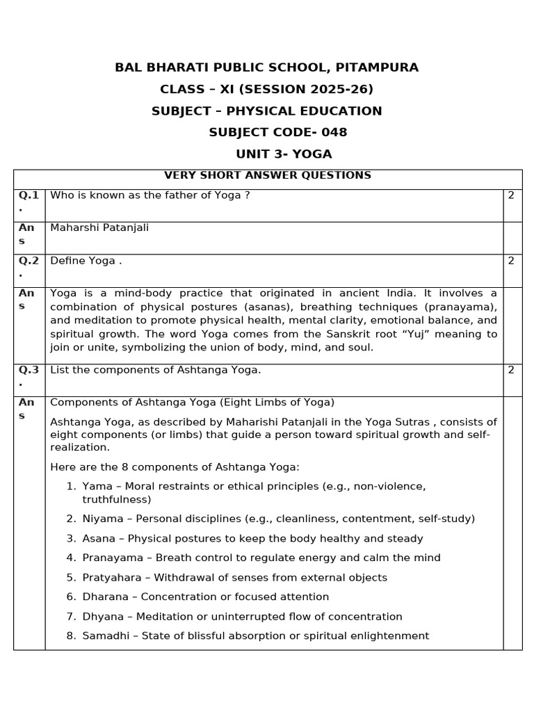 Assignment 11-Chapter-3-Yoga - 2025-26 | PDF | Asana | Relaxation ...