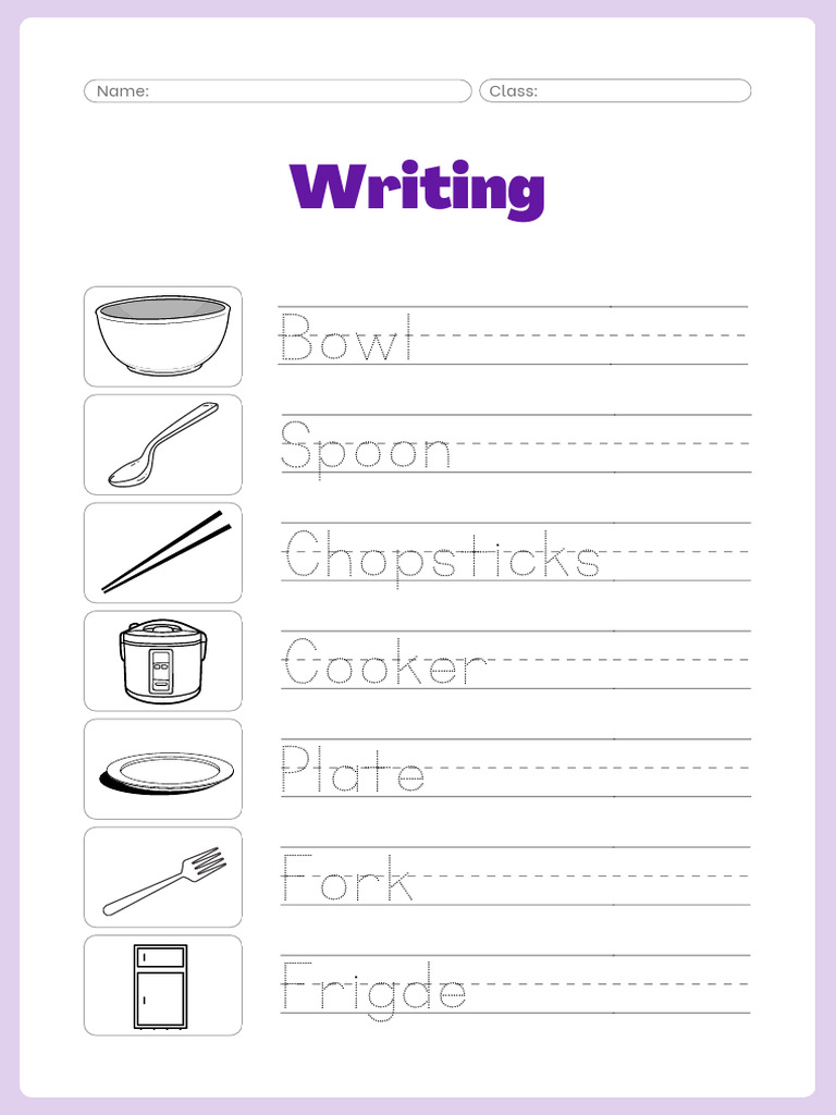 Toys Vocabulary Writing Worksheet in Purple White Lined Style | PDF