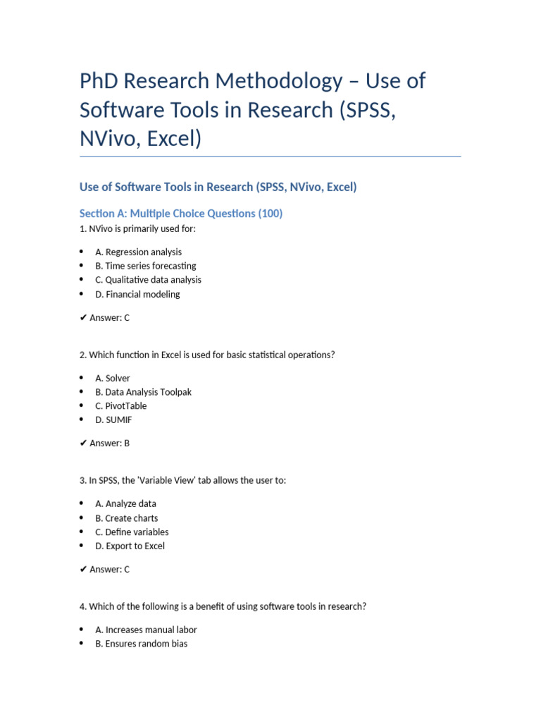 PHD Research Methodology Use of Software Tools in Research (SPSS, NVivo ...