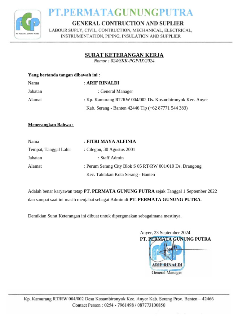 Contoh Surat Keterangan Kerja | PDF