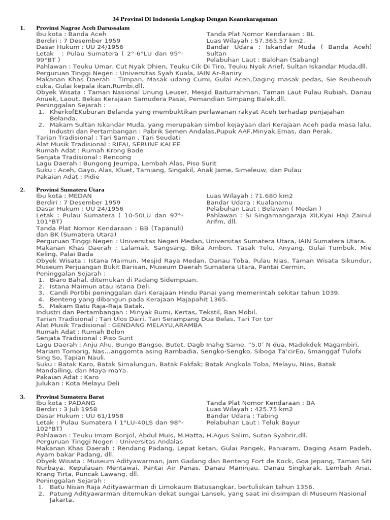 34 Provinsi Di Indonesia Lengkap Dengan Keanekaragaman | PDF