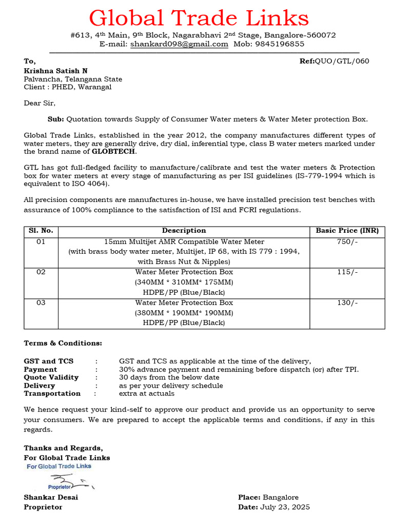 060 - Quotation - Water Meter & Box | PDF | Hydraulic Engineering