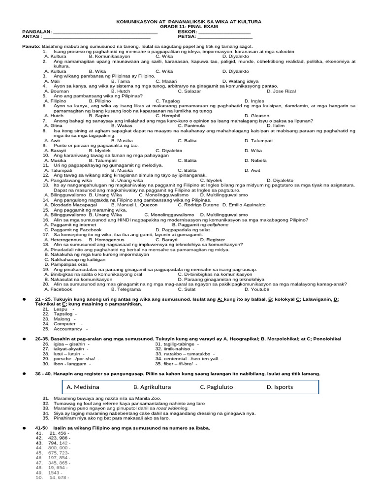 Kumunikasyon Grade-11 Final Exam | PDF