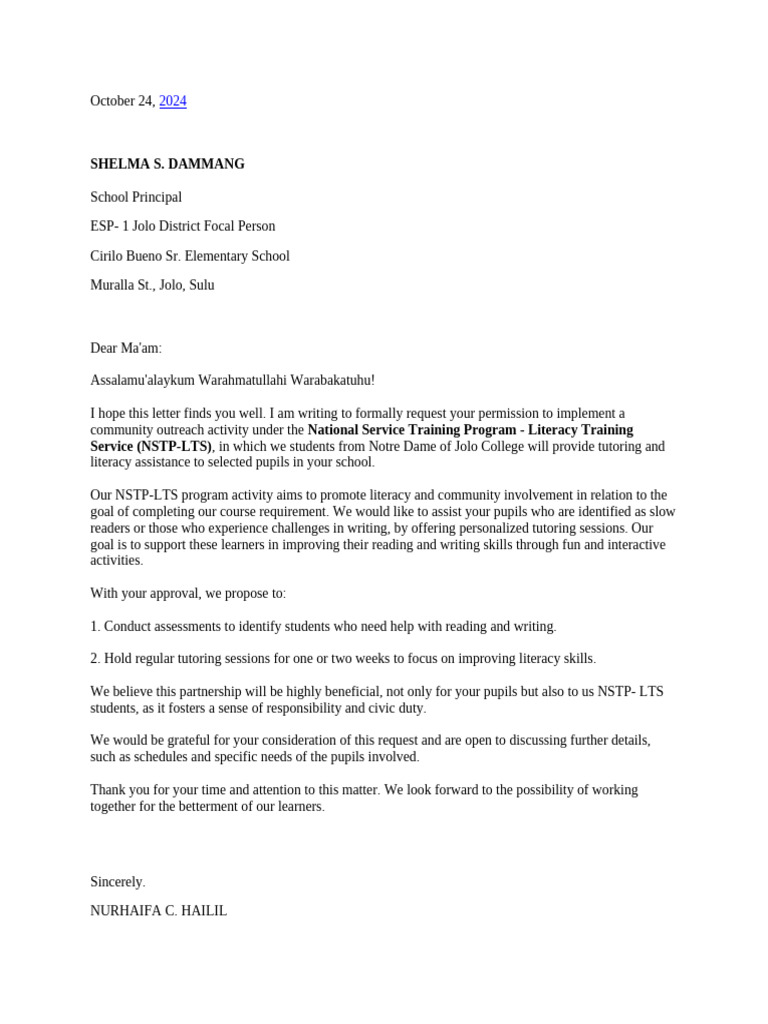 Letter For NSTP - 013346 | PDF