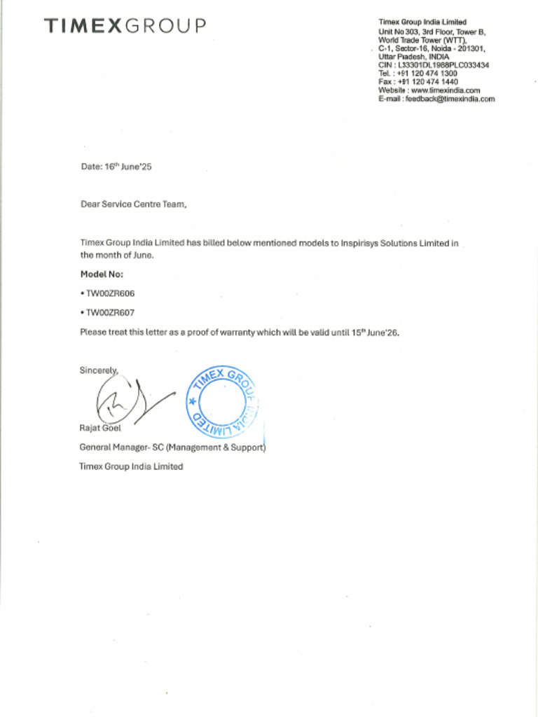 Certificate of Warrenty - Timex Watches - 16JUN25 | PDF